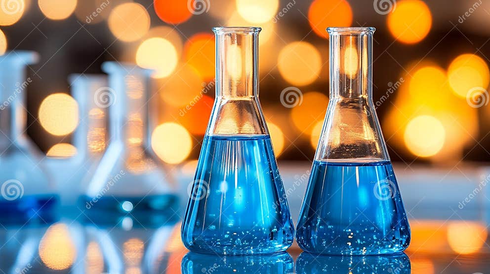 Two Beakers Filled with Blue Liquid Sit in a Lab Setting Stock ...