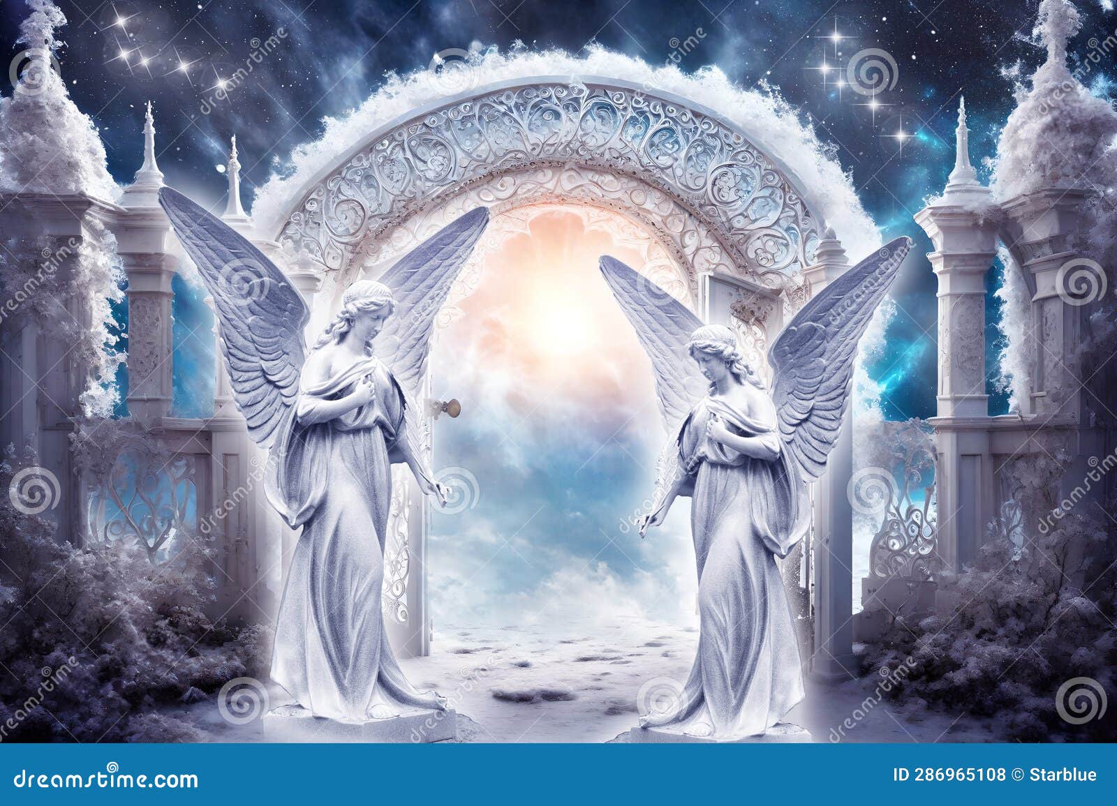 Two Beautiful Angels Archangels with Opened Gate To Heaven Stock ... Two Beautiful Angels Archangels with Opened Gate To Heaven Stock ...