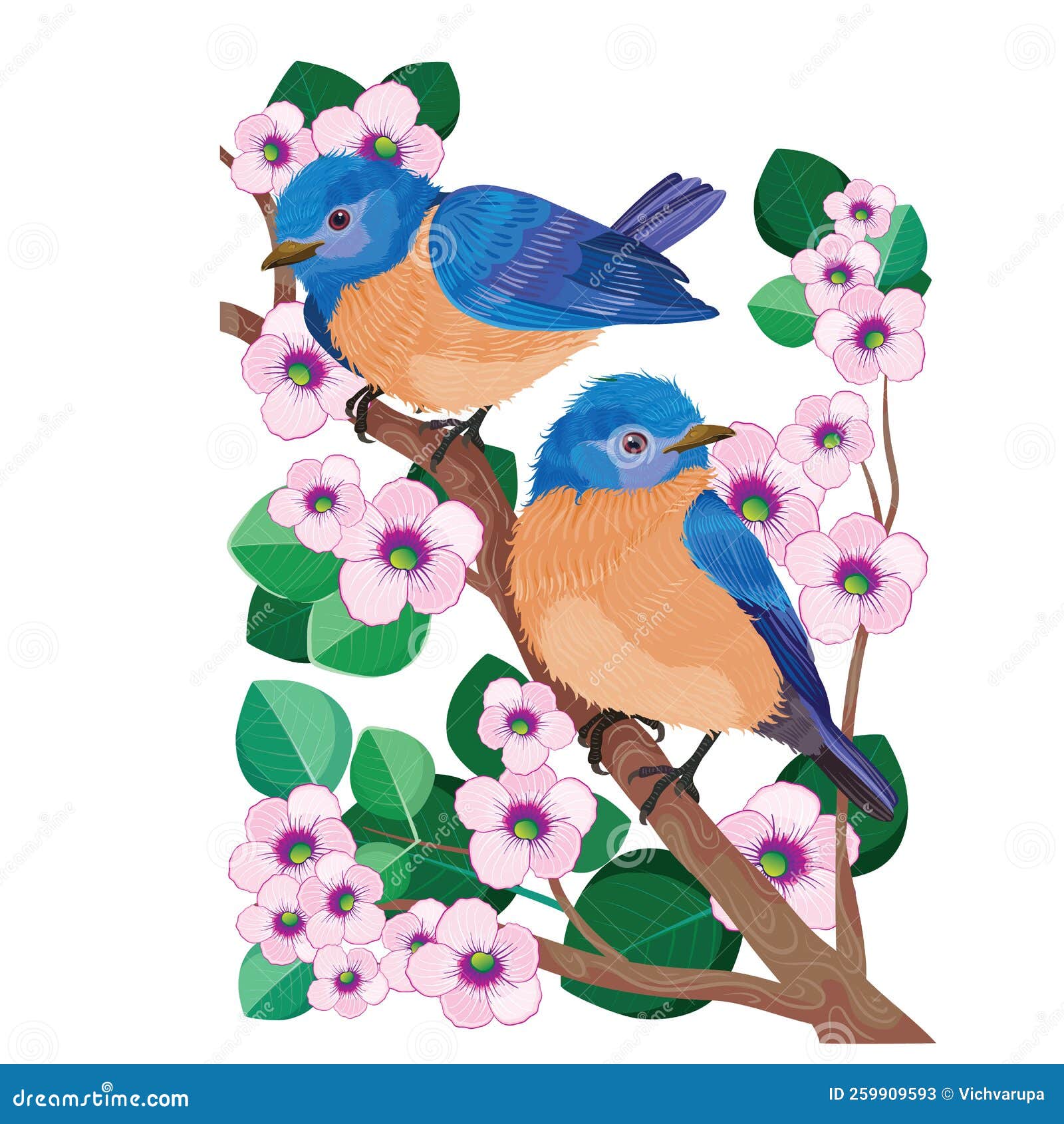 Two Beautiful Blue Birds Sit on a Branch of a Tree that Blooms with ...