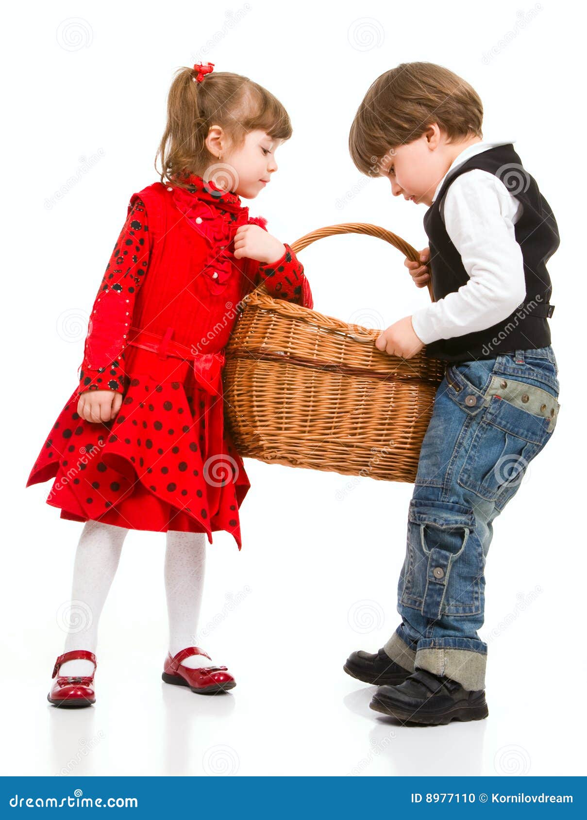 Two Beautiful Children with Basket Stock Photo - Image of dress ...