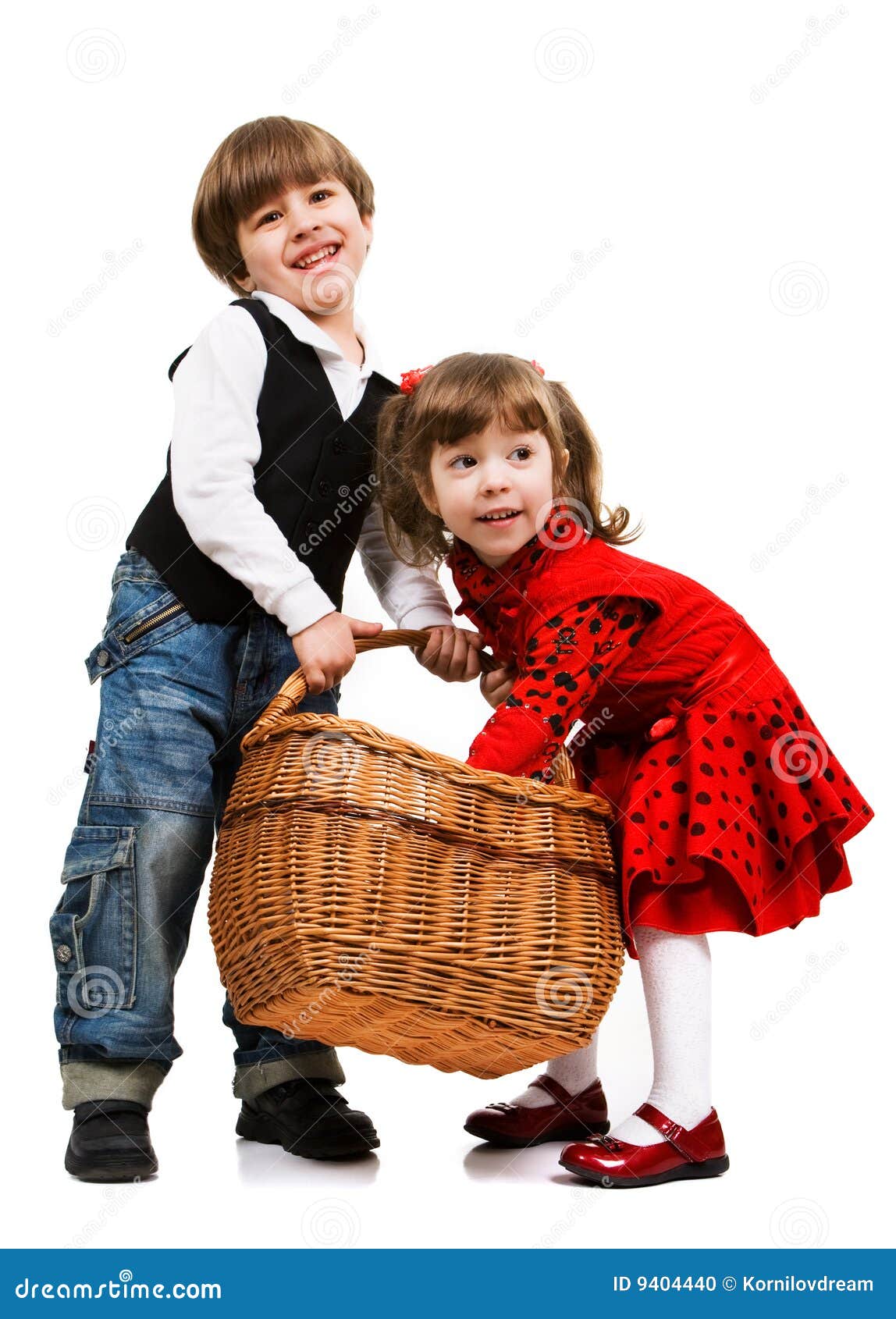 Two Beautiful Children with Basket Stock Photo - Image of container ...