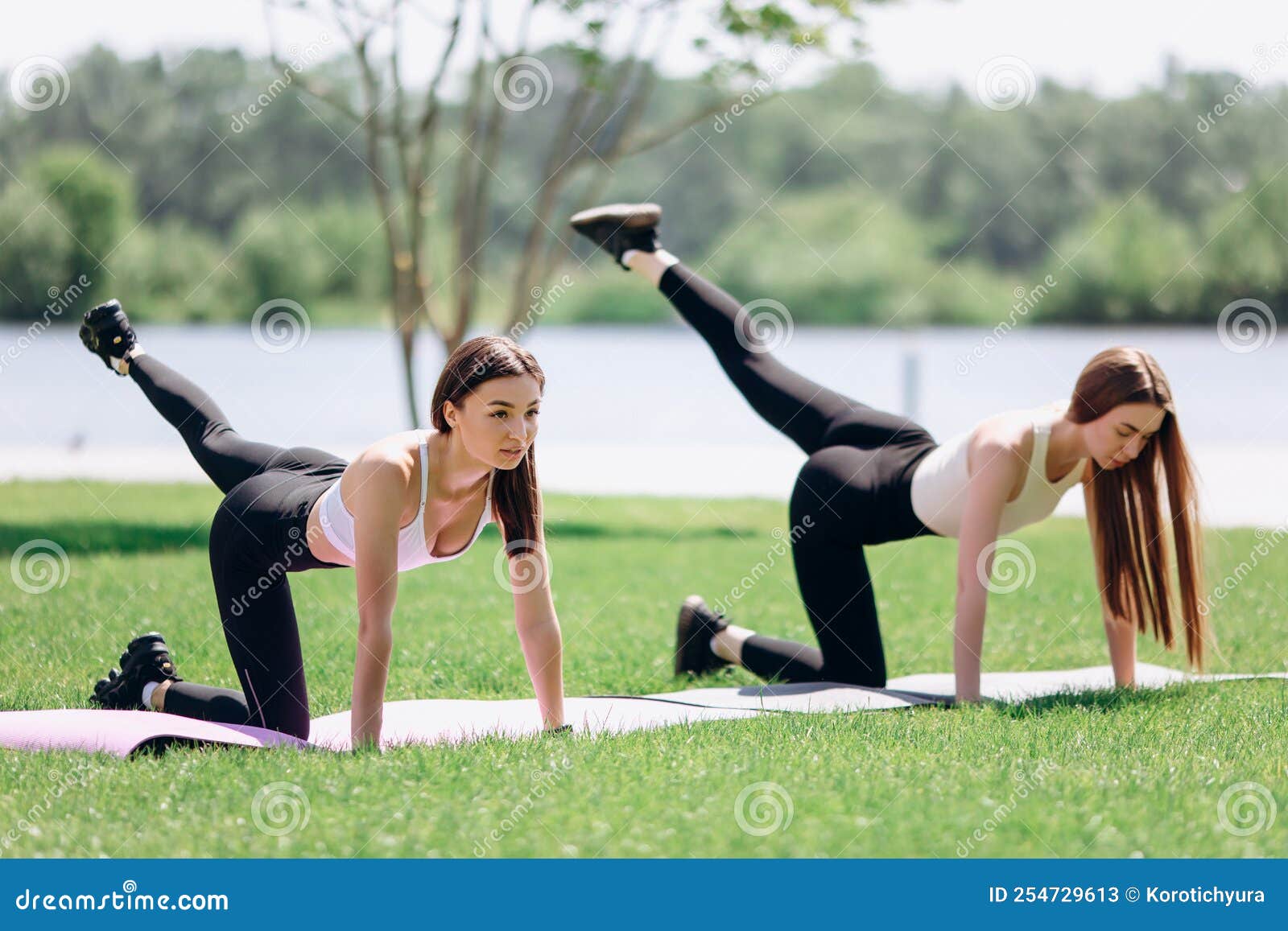 Two Beautiful Girls Do Exercises Outdoors in the Park Stock Image ...