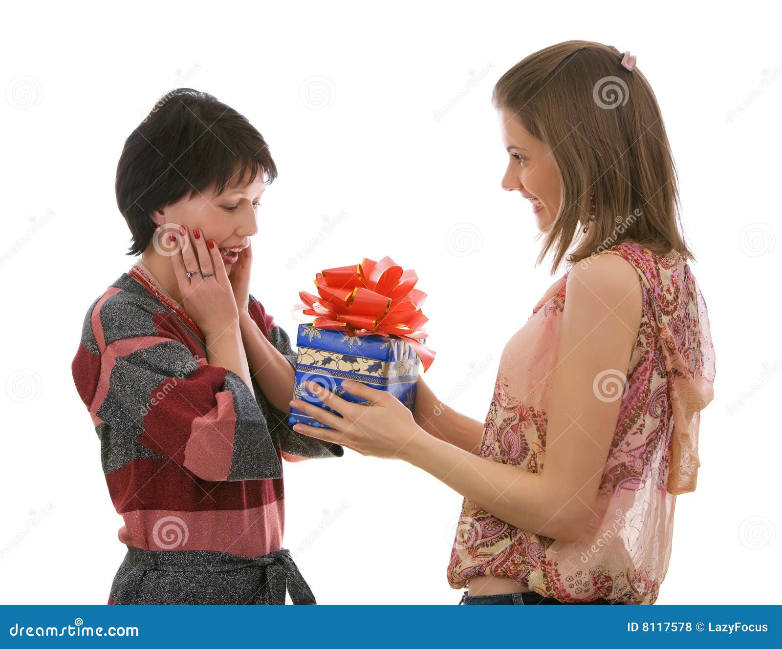 Two Beautiful Girls with a Gift Box. Isolated. Stock Photo - Image of ...