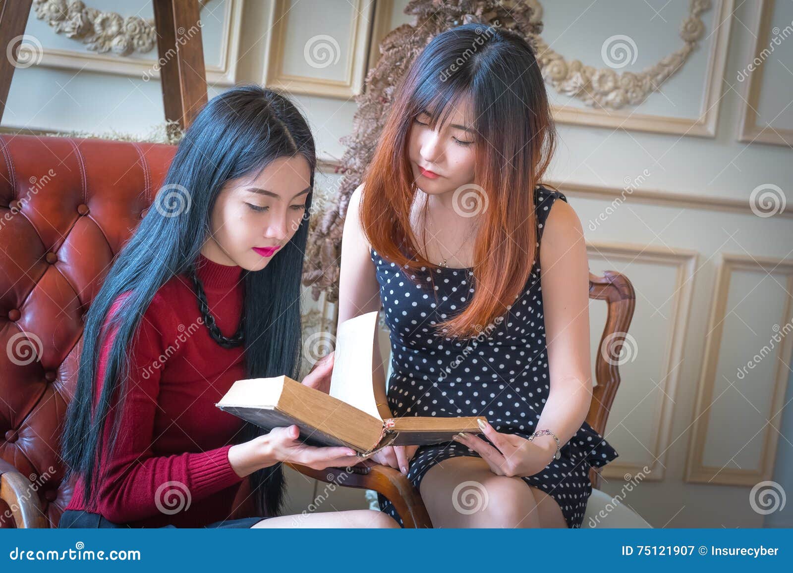 Two Beautiful Girls Reading Book Stock Image - Image of contact ...