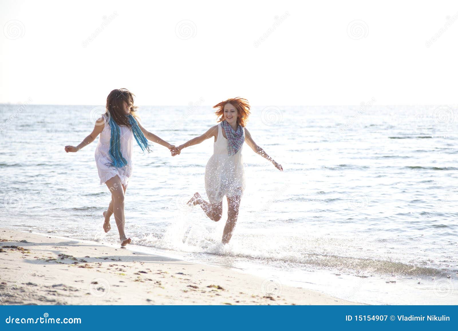 Two Beautiful Girls Running on the Beach. Stock Image - Image of brunet ...