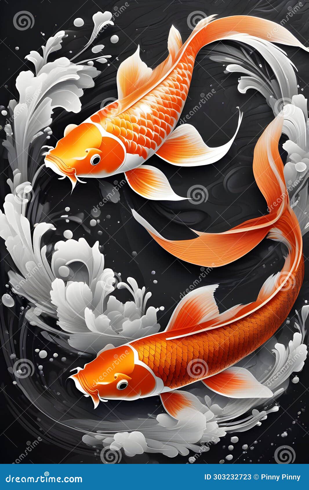 Two Beautiful Koi Fish in Calligraphy Style, with Splash Effect, Ink ...
