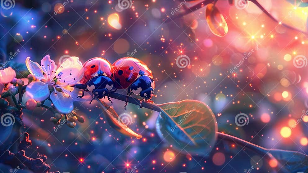Two Beautiful Ladybugs on Leafy Branches with Colorful Flowers in a ... Two Beautiful Ladybugs on Leafy Branches with Colorful Flowers in a ...