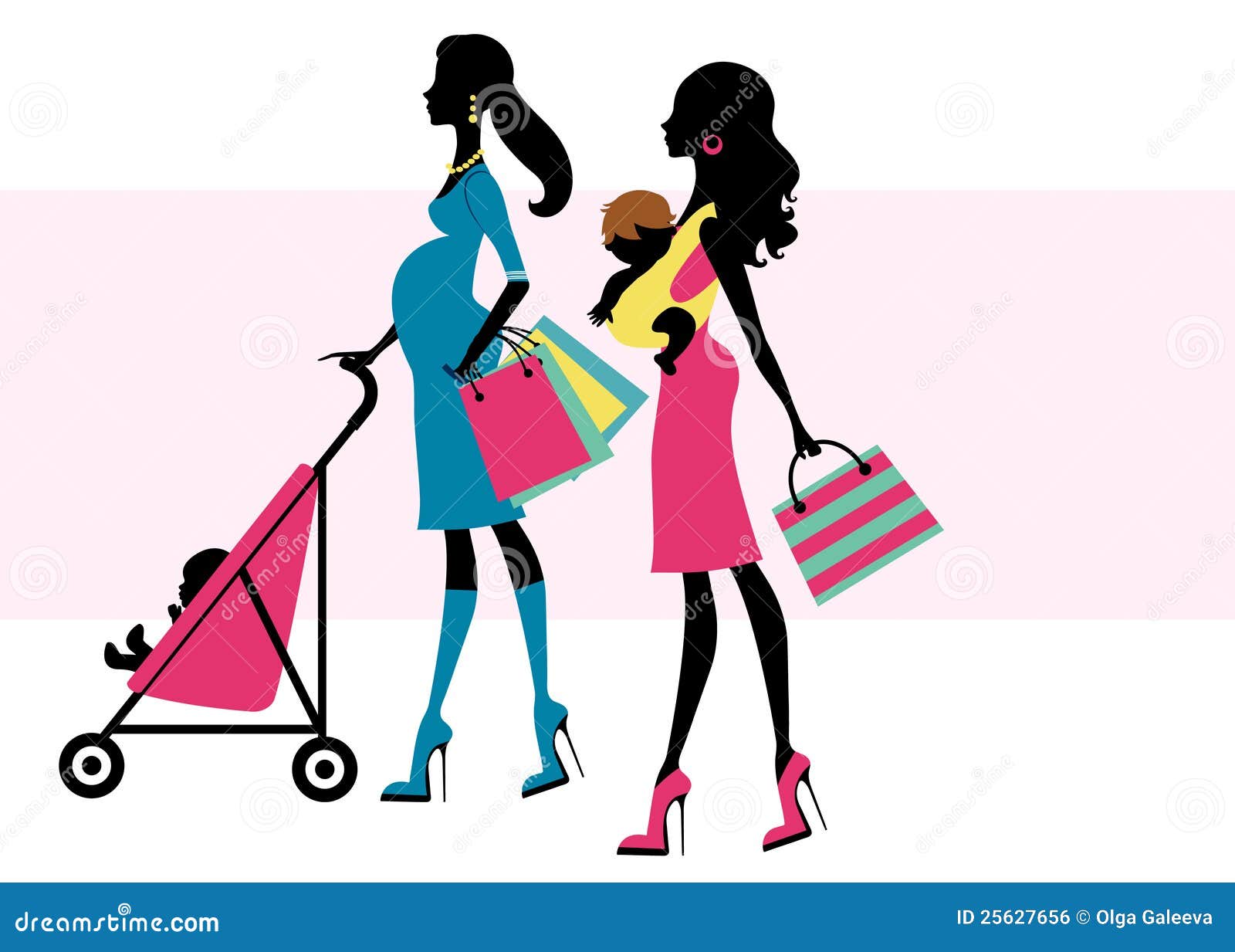 Two Beautiful Moms Shopping with Children Stock Vector - Illustration ...