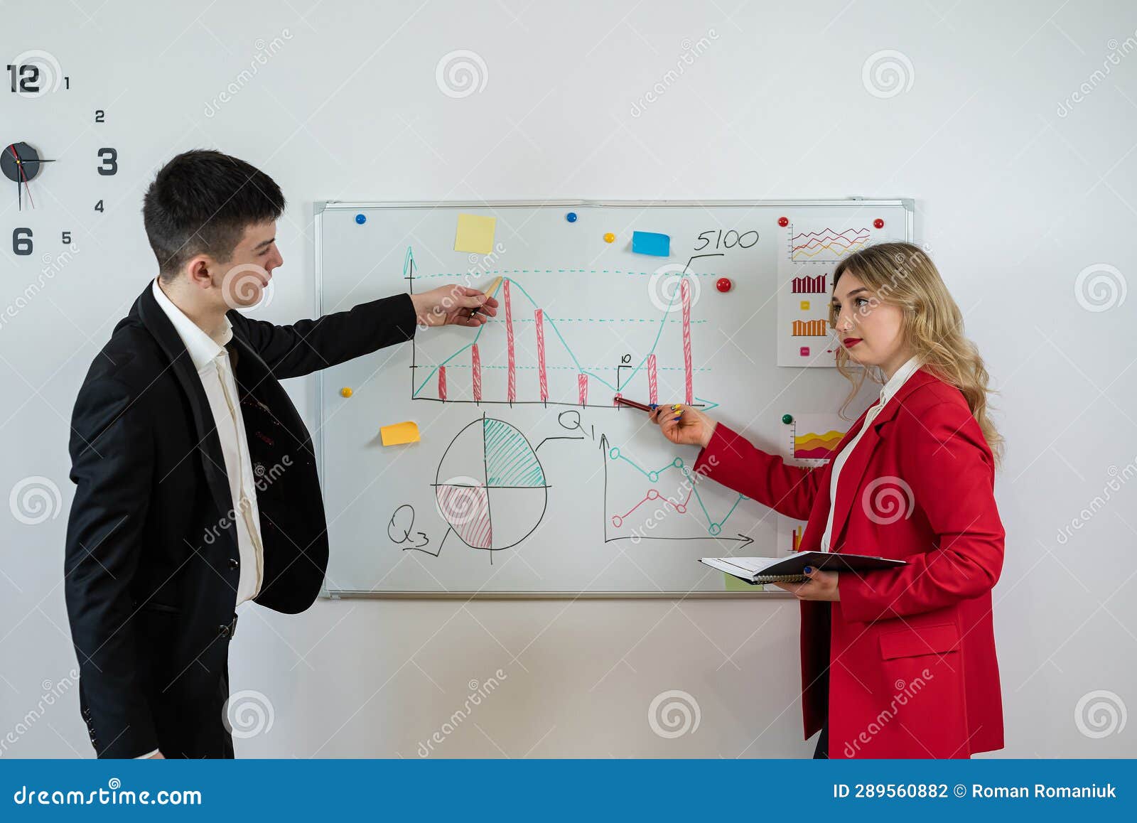 Two Beautiful Office Workers Working on Flipchart Drawing Business ...