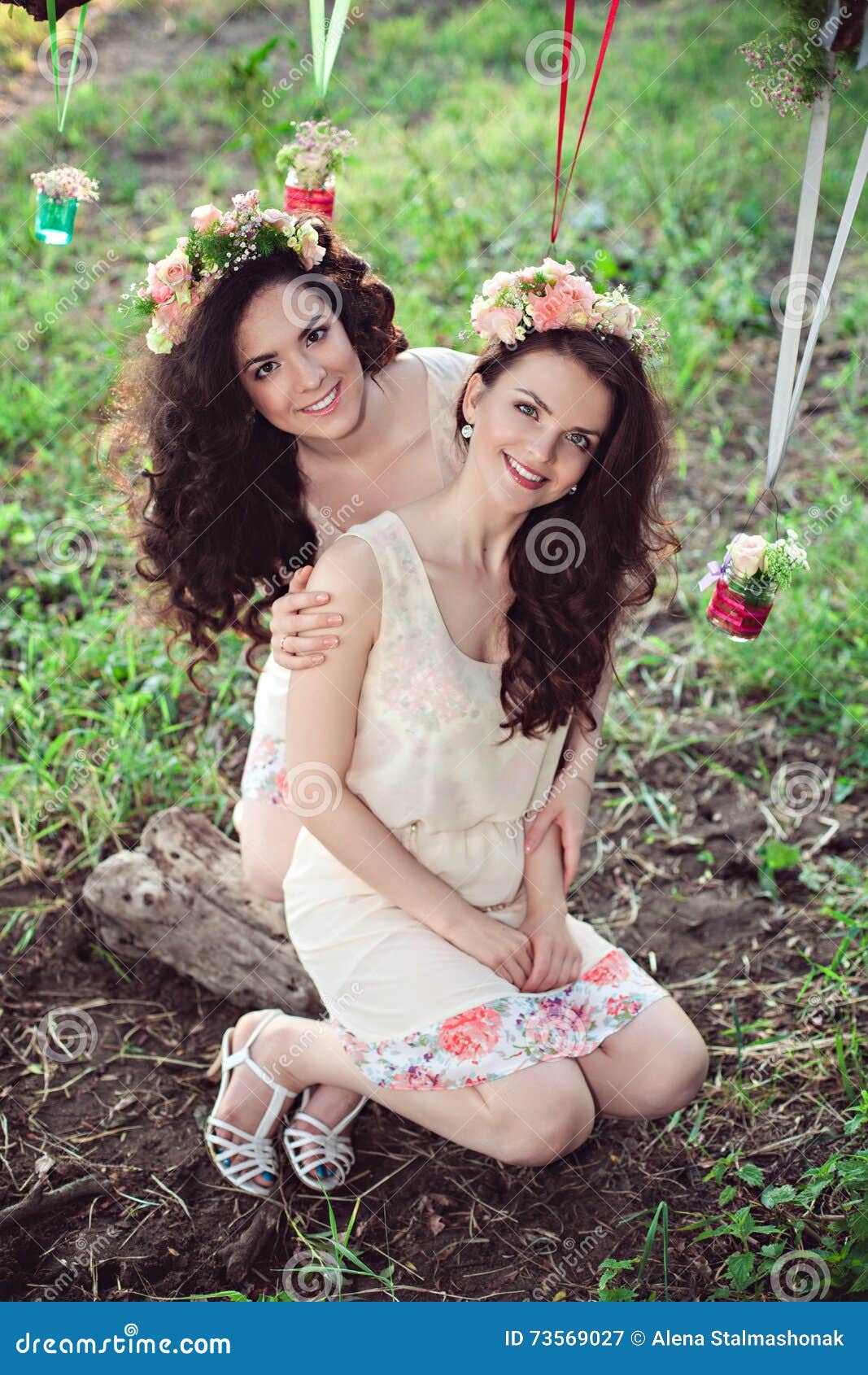 Two Beautiful Smiling Boho Sisters Outdoors In Summer Stock Image
