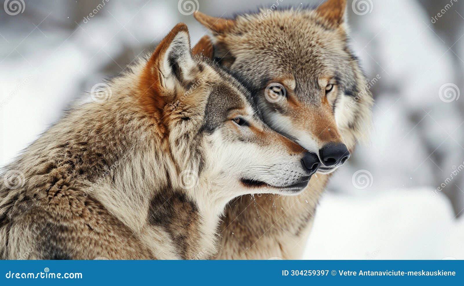 Two Beautiful Wolves in Cold Snowy Winter Forest. Stock Image - Image ...