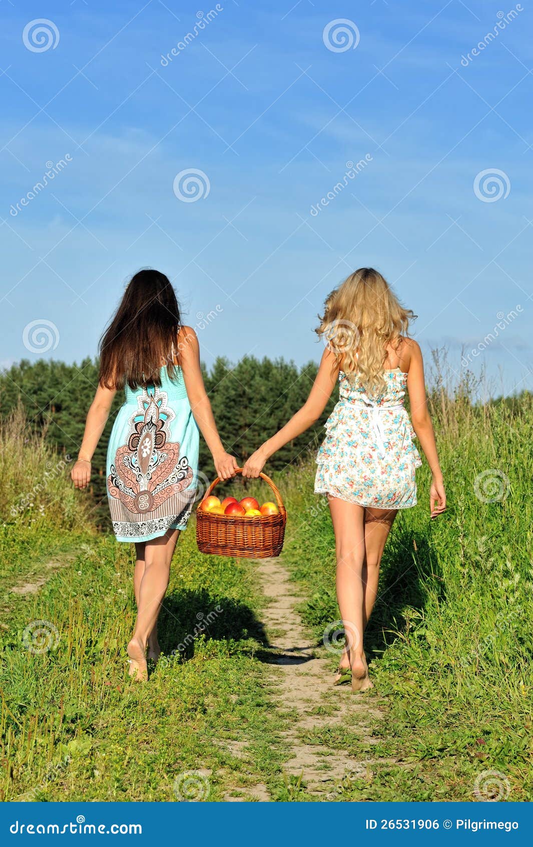 Two Beautiful Women Walking at the Meadow. Stock Photo - Image of field ...