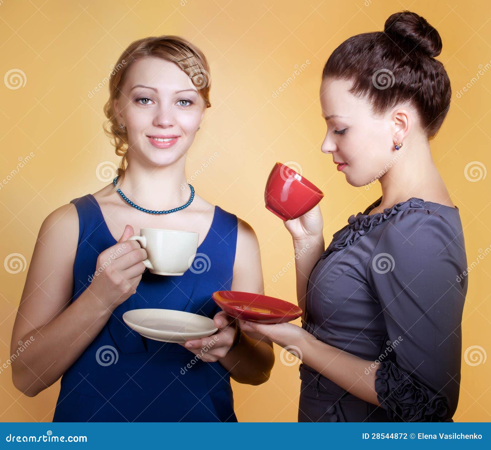 Two Beautiful Young Women Drinking Coffee or Tea Stock Photo - Image of ...