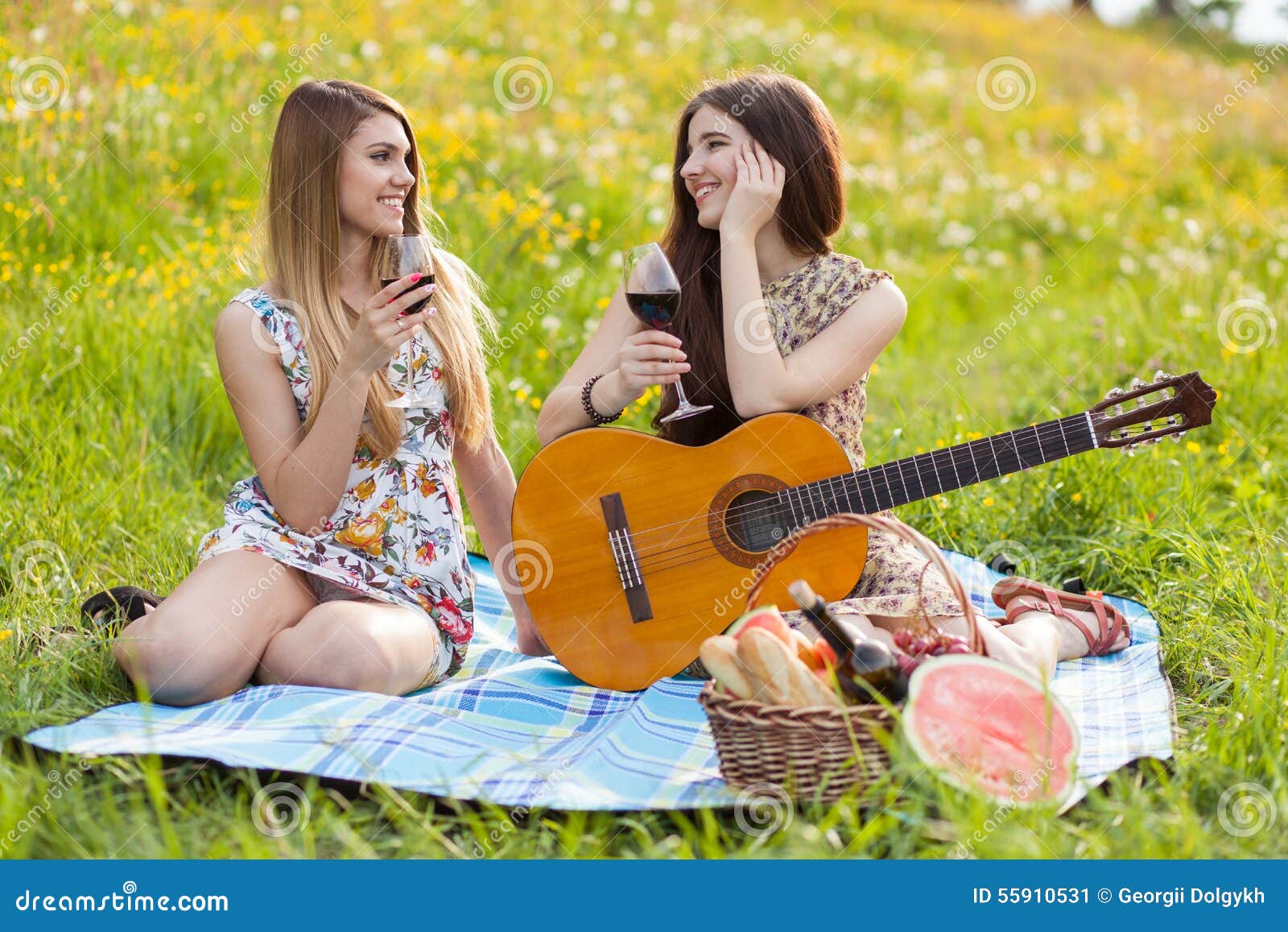 Two Beautiful Young Women on a Picnic Stock Image - Image of guitar ...