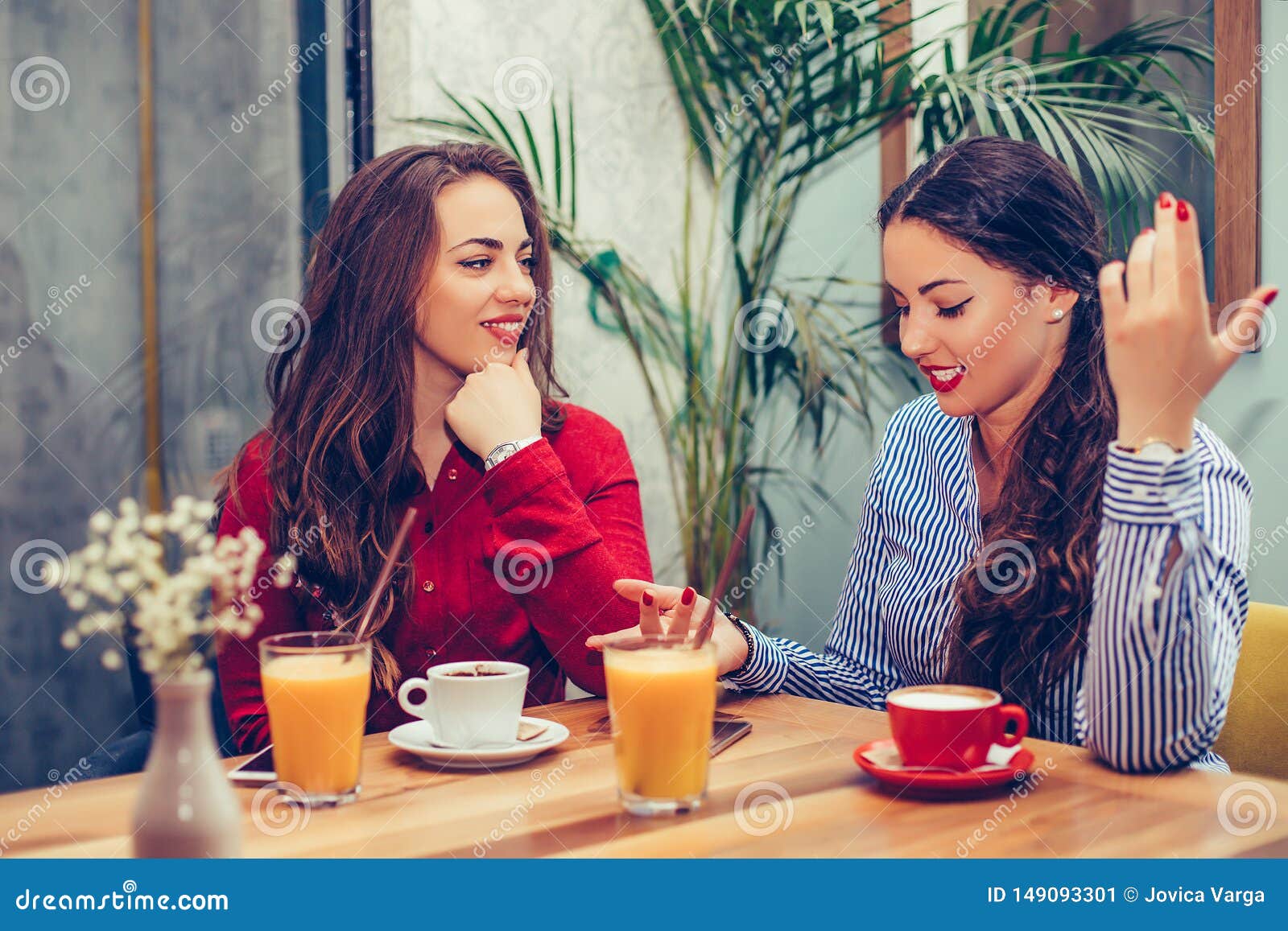 Two Beautiful Young Women Sitting in a Cafe, Drinking Coffee and Having ...
