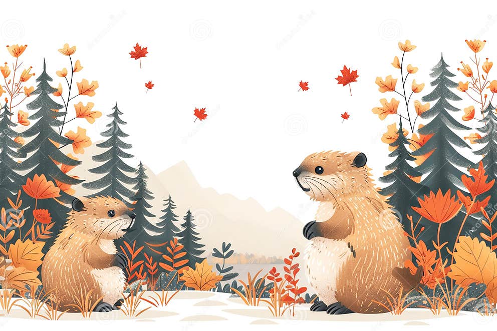 Two Beavers in an Autumn Forest Setting with Falling Leaves and ...