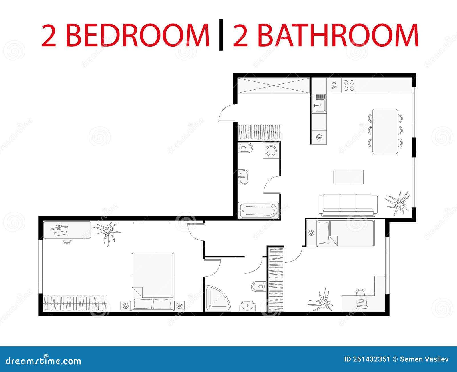 Two Bedroom Apartment Floor Plan. Stock Vector - Illustration of view ...