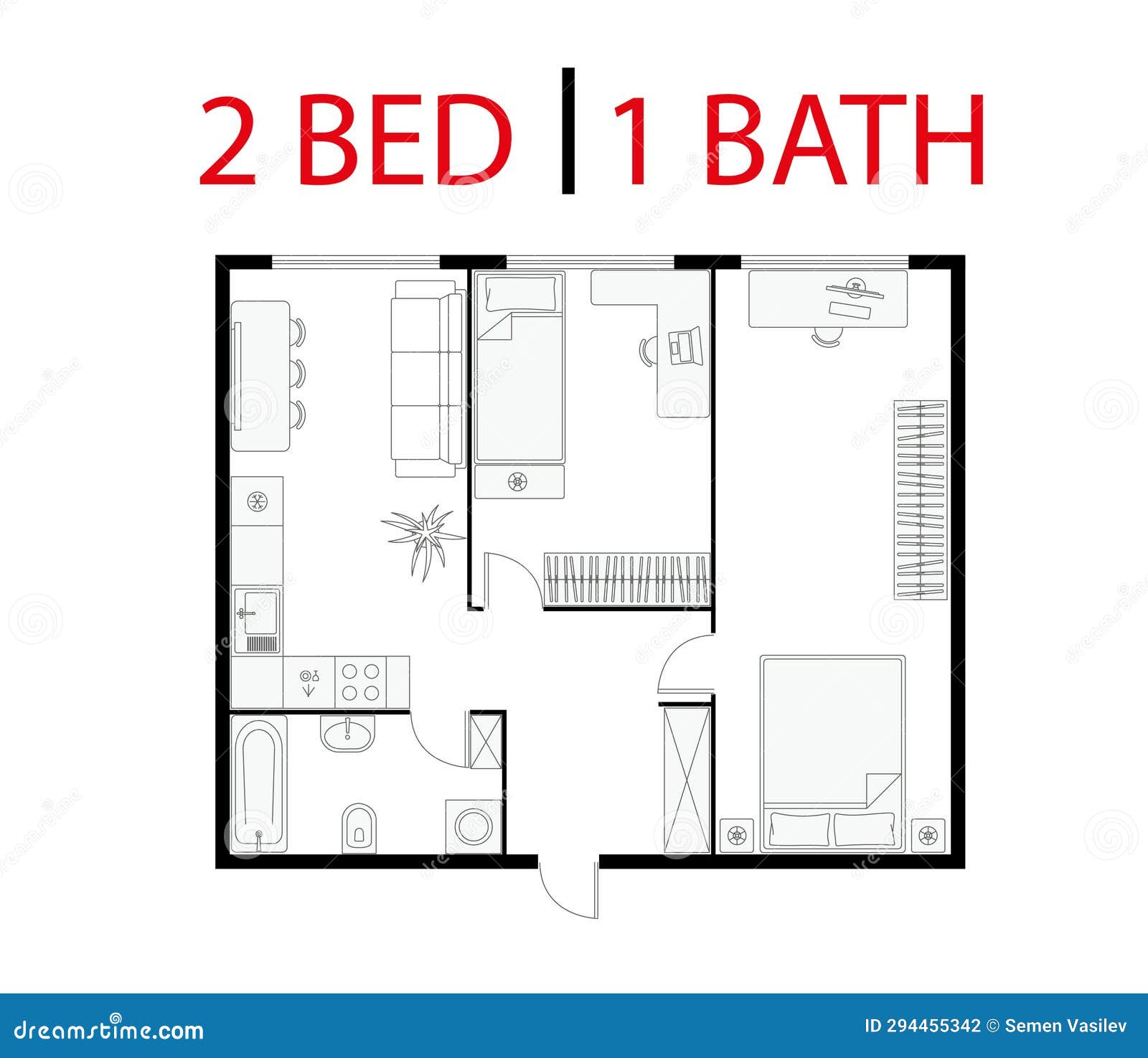 Two Bedroom Apartment Floor Plan. Stock Vector - Illustration of ...