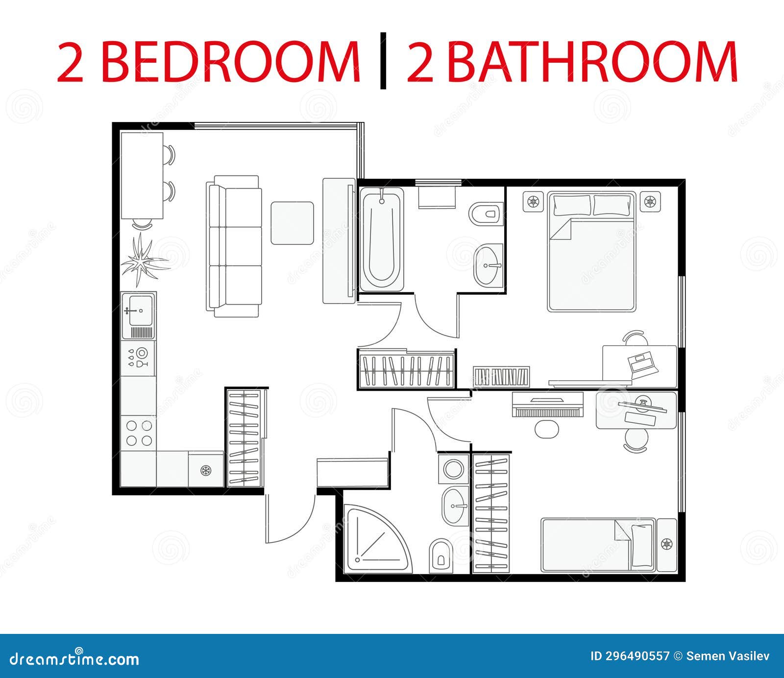 Two Bedroom Apartment Floor Plan. Stock Illustration - Illustration of ...