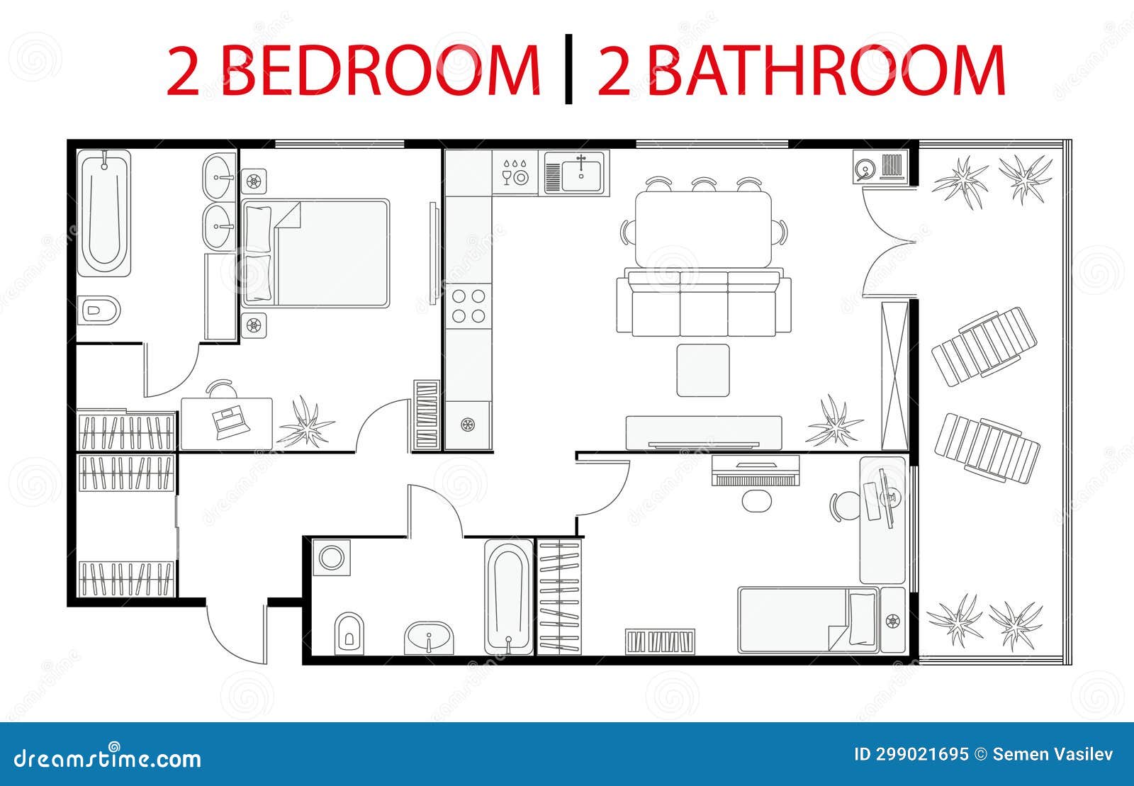 Two Bedroom Apartment Floor Plan. Stock Illustration - Illustration of ...