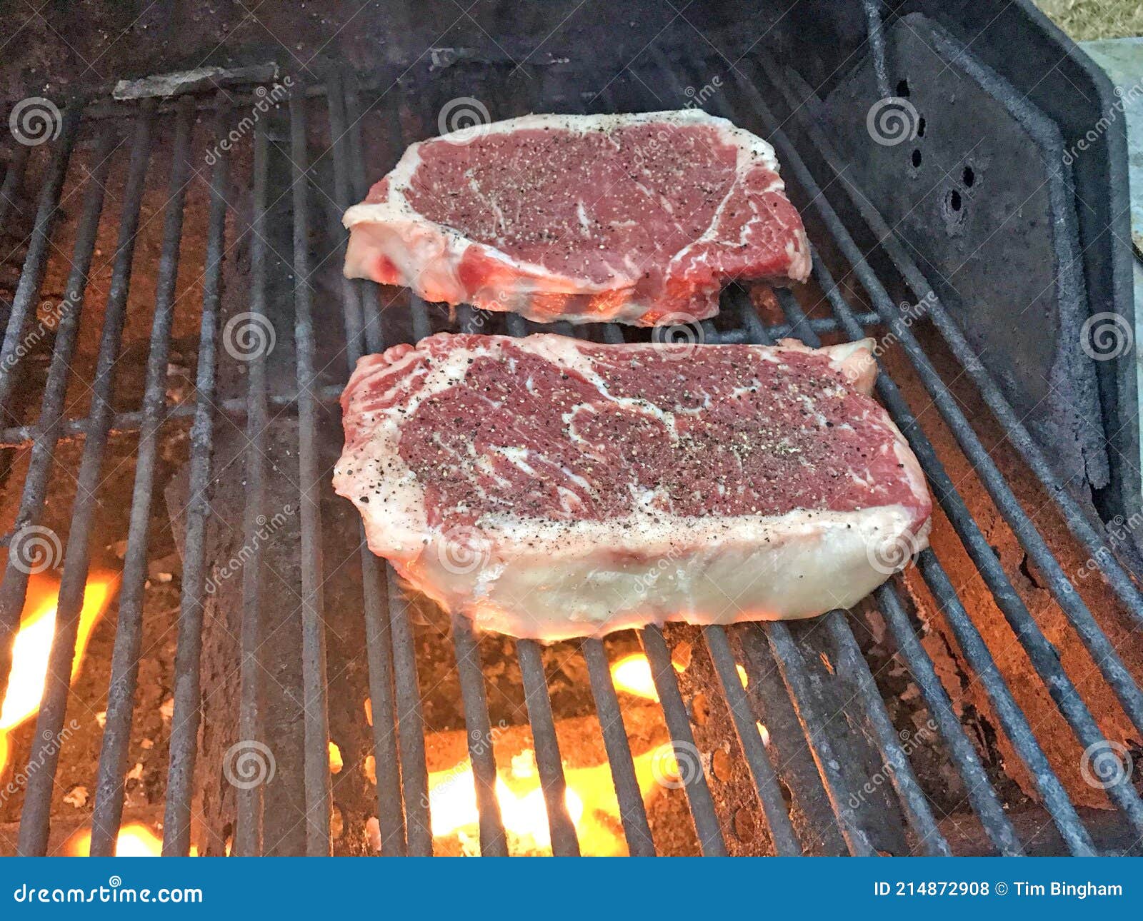 Two Beef Steaks on the Grill Stock Photo - Image of fire, danger: 214872908