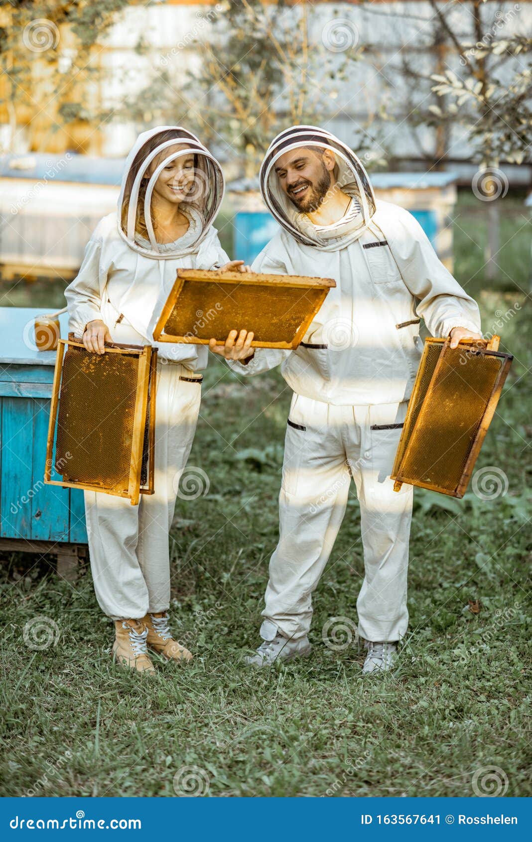 Beekeepers on the apiary stock image. Image of couple - 163567641