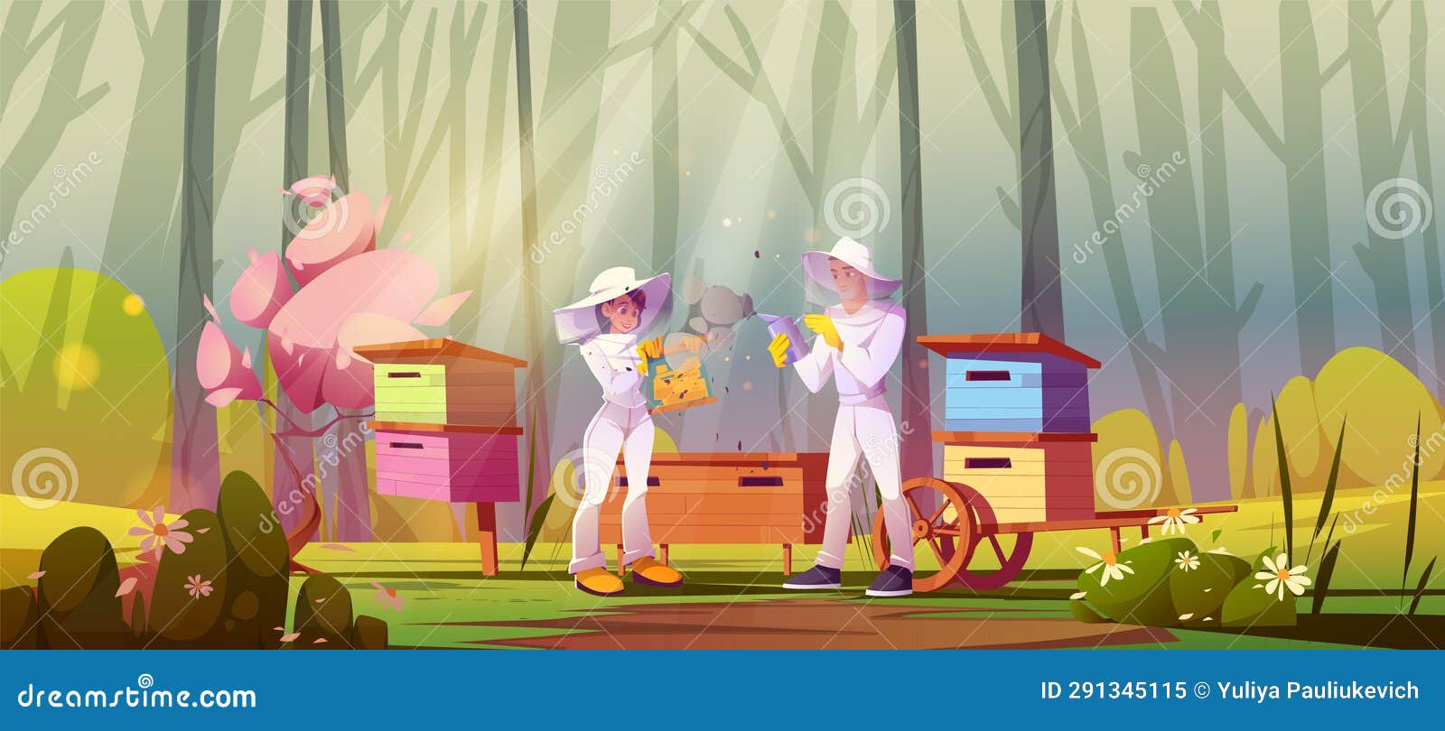 Beekeepers Work With Honey Bees, Beehives, Honeycomb Frames Set ...