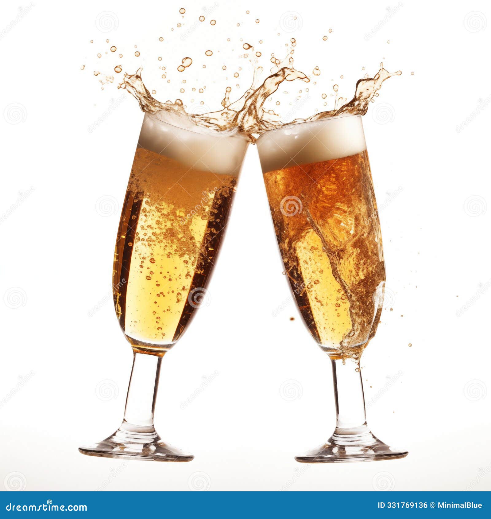Two Beer Glasses Clinking Together with Splashes of Liquid on a White ...