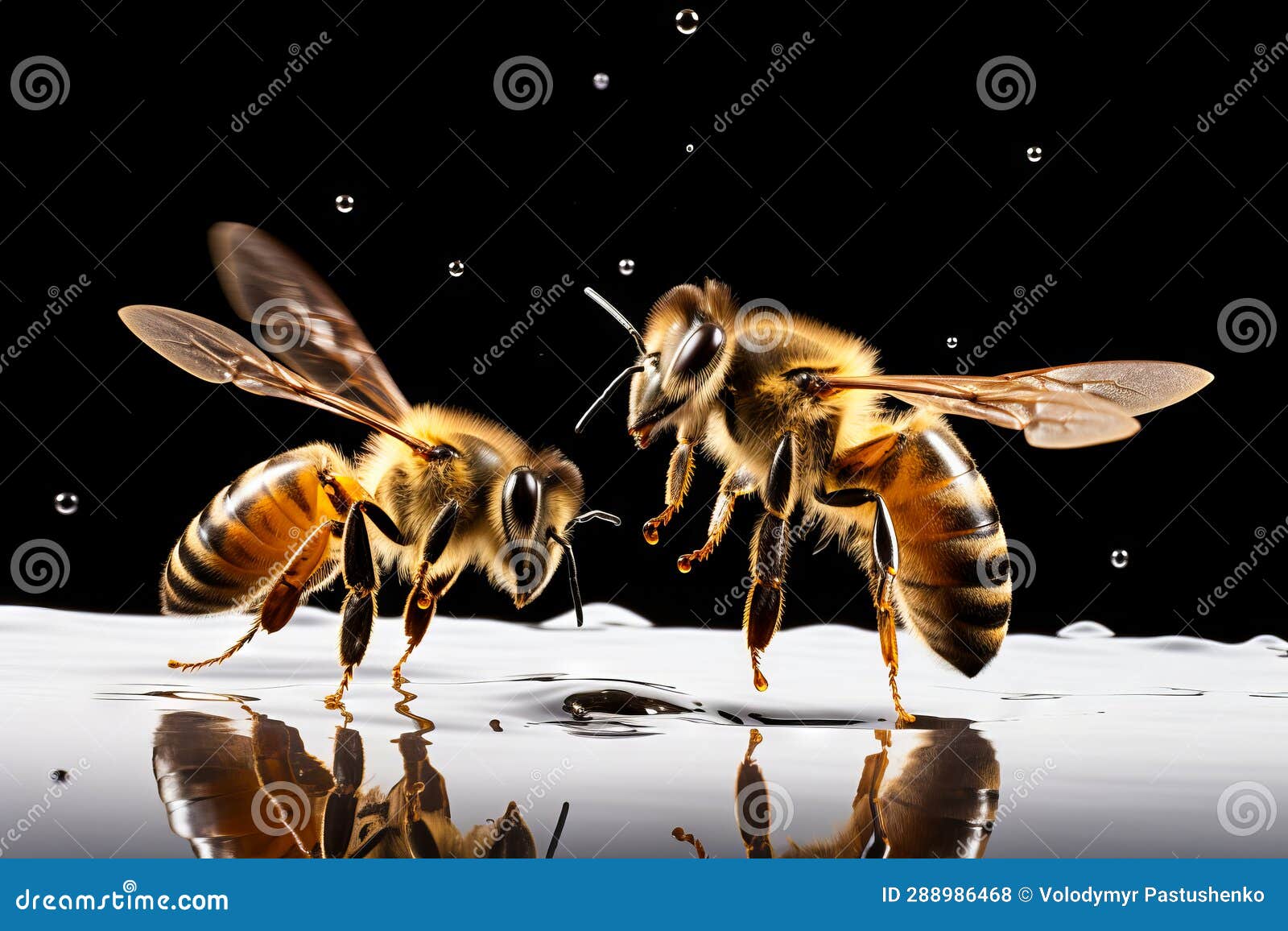 Two Bees are Flying in the Air Near Water and Bubbles of Water ...