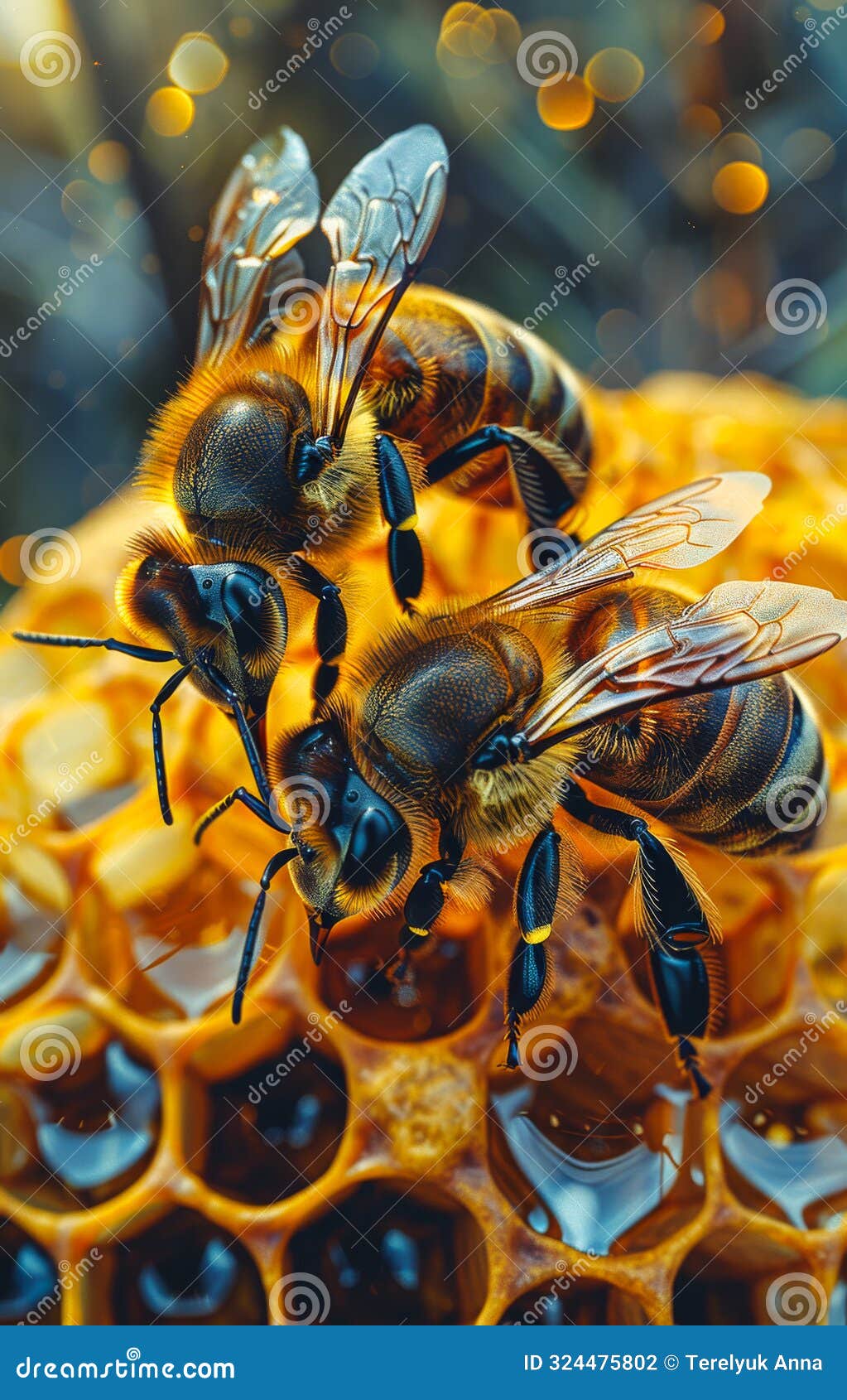 Two Bees are on a Honeycomb. the Bees are Close To Each Other and are ...