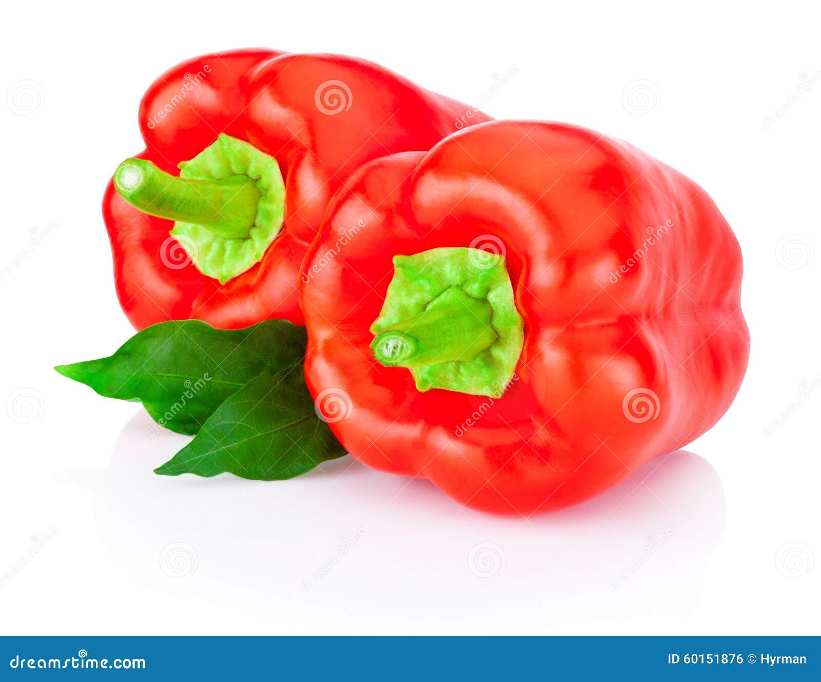 Two Bell Red Peppers with Green Leaves Isolated on White Stock Photo ...