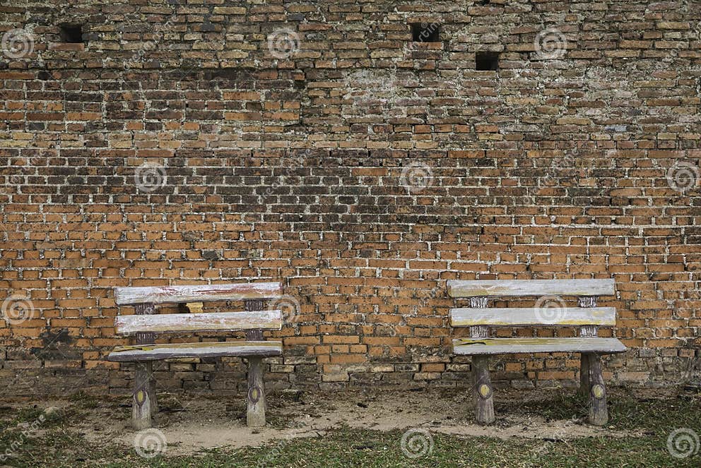 Two Bench in the Park with Background of Old and Rusty Brick Stock ...