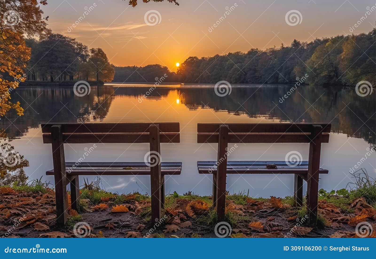 Two Benches Facing Each Other Overlooking a Lake at Sunset, AI Stock ...