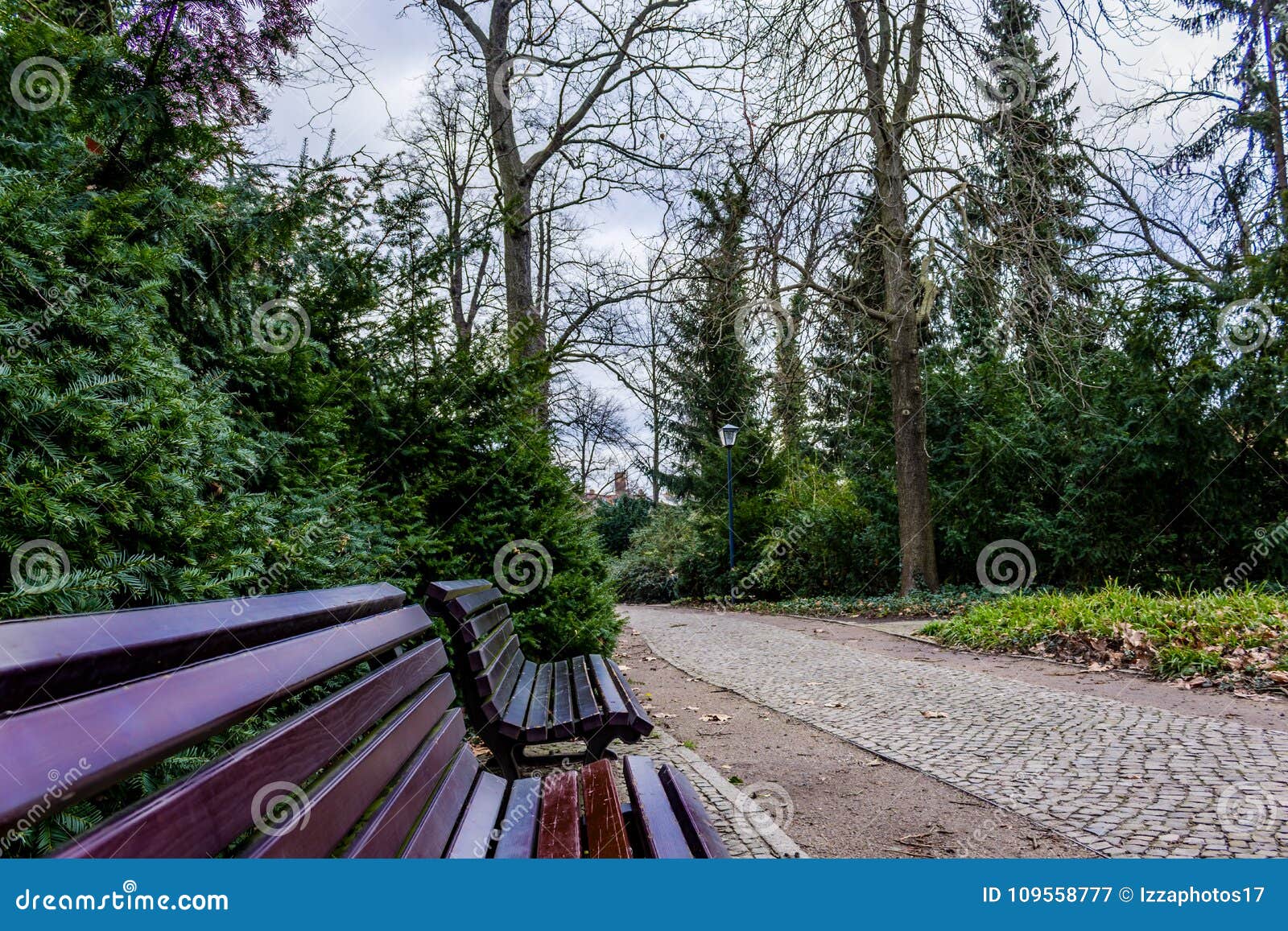 Benches in the Garden with Cobblestone Path Stock Image - Image of path ...