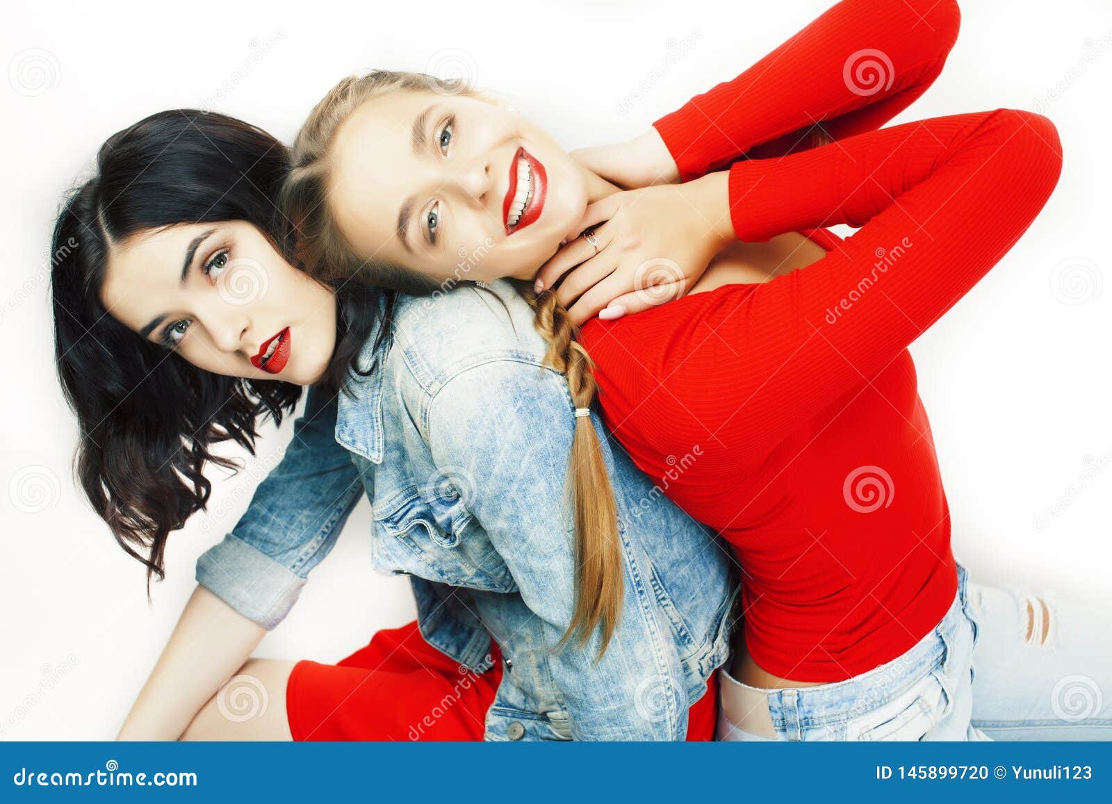 Two Best Friends Teenage Girls Together Having Fun Posing Emotional On