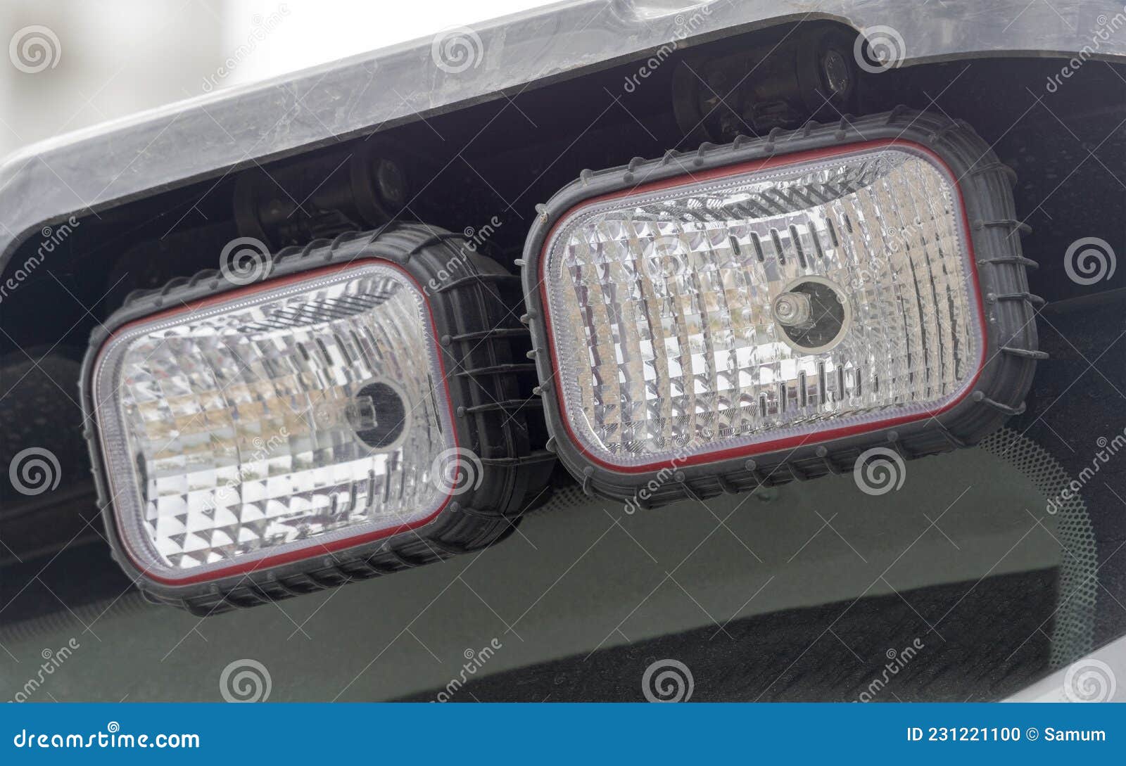 Two Big Headlight on a Side of the Modern Tractor Cabin Stock Photo ...