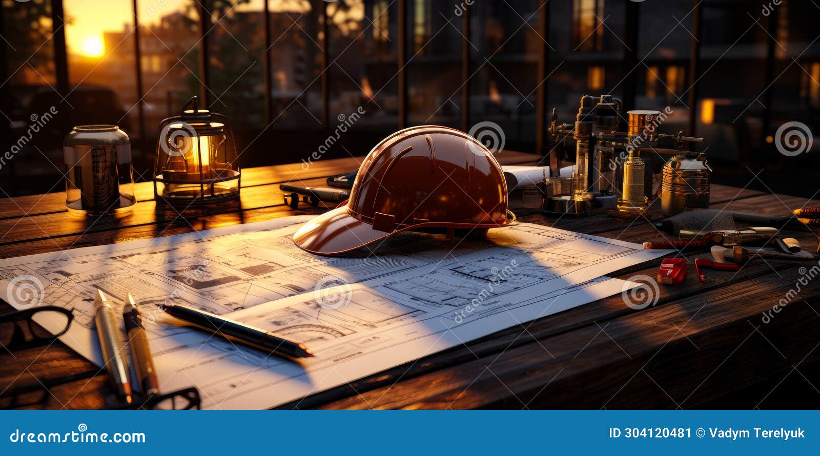 Two Big Sheets of Paper with Drawn Construction Plans on. Shiny Red ...