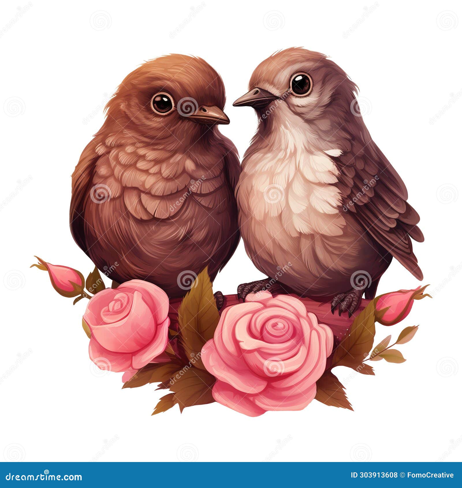Two Birds on a Branch with Roses Stock Illustration - Illustration of ...