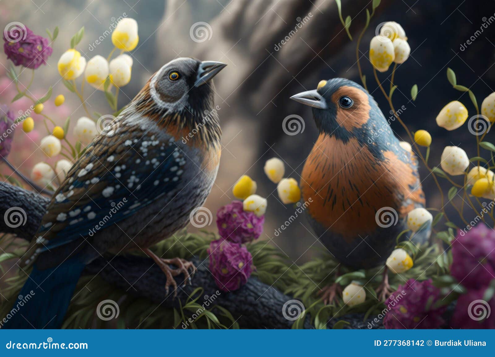 Two Birds on Branch Tree with Bloom, AI Generative Stock Illustration ...