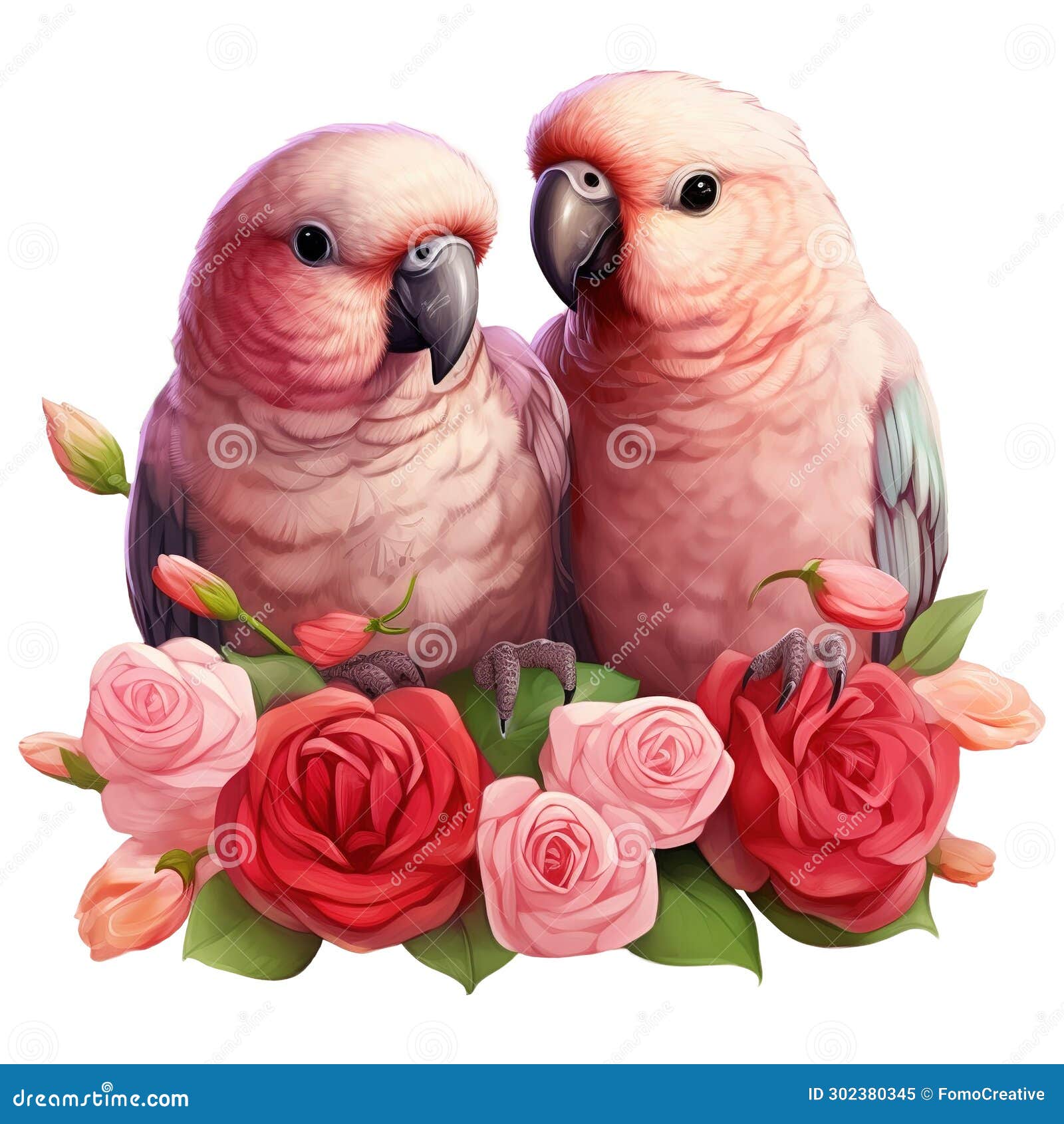 Two Birds Parakeet with Roses Stock Image - Illustration of romantic ...