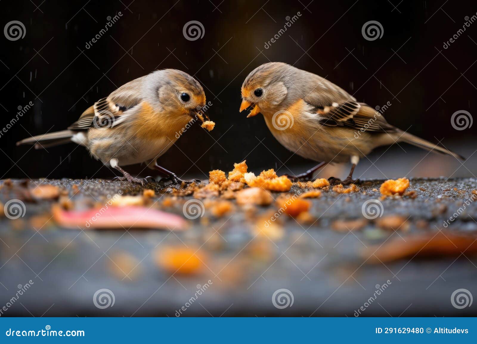 Two Birds Sharing a Small Piece of Bread on the Ground Stock Photo ...