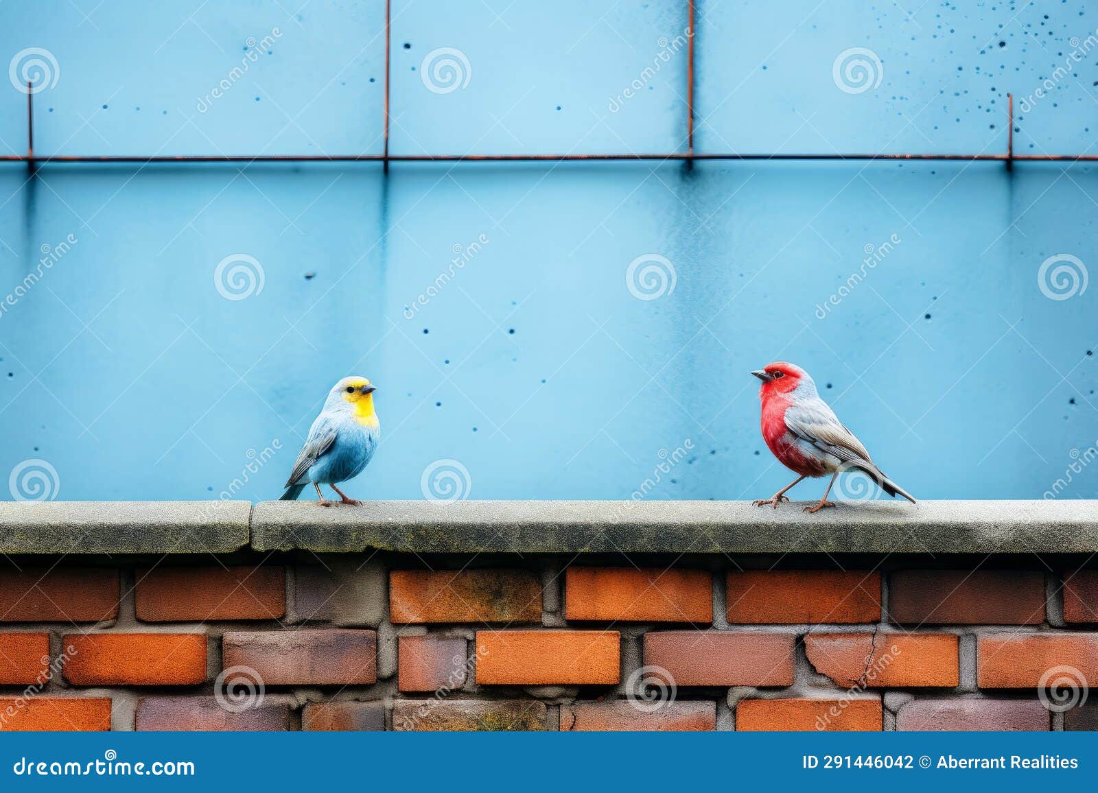 Two Birds Sitting on a Brick Wall Next To a Blue Wall Stock ...