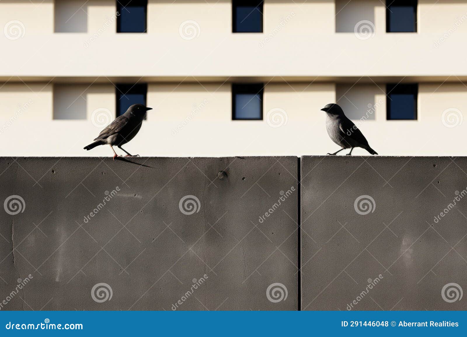 Two Birds Sitting on the Edge of a Wall in Front of a Building Stock ...