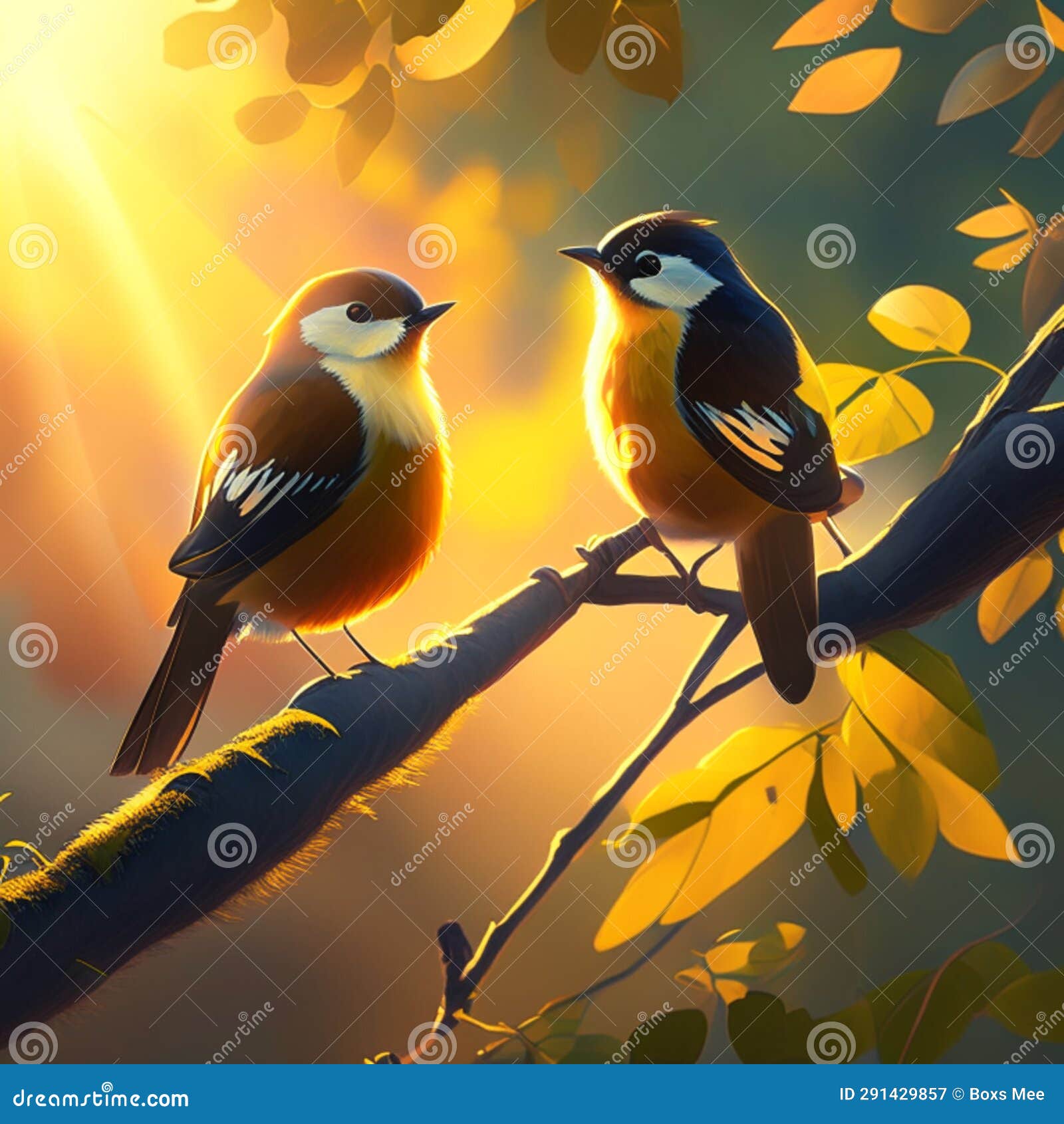 Two Birds Sitting on a Tree Branch in the Rays of the Setting Sun AI ...