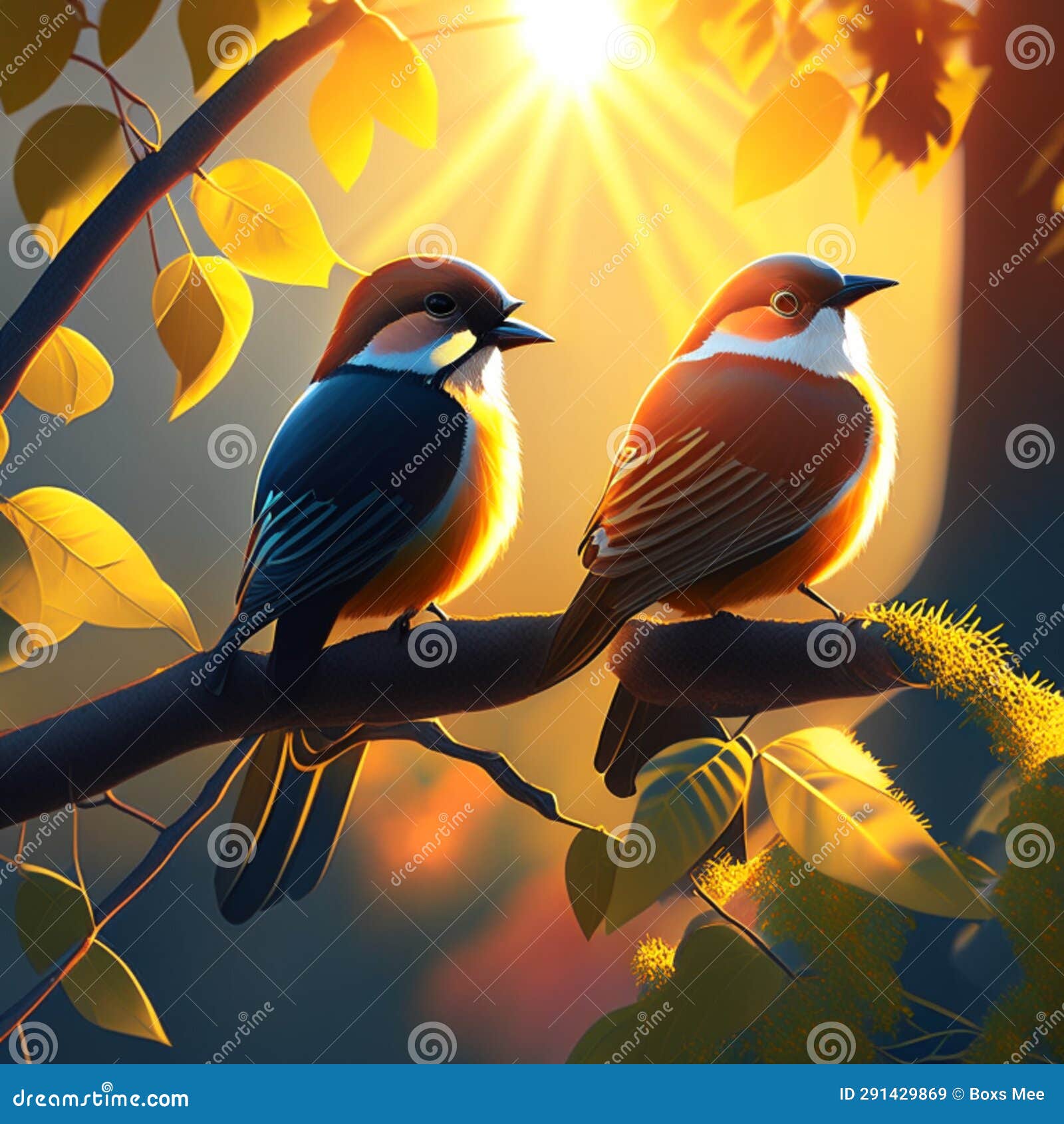 Two Birds Sitting on a Tree Branch in the Rays of the Setting Sun AI ...