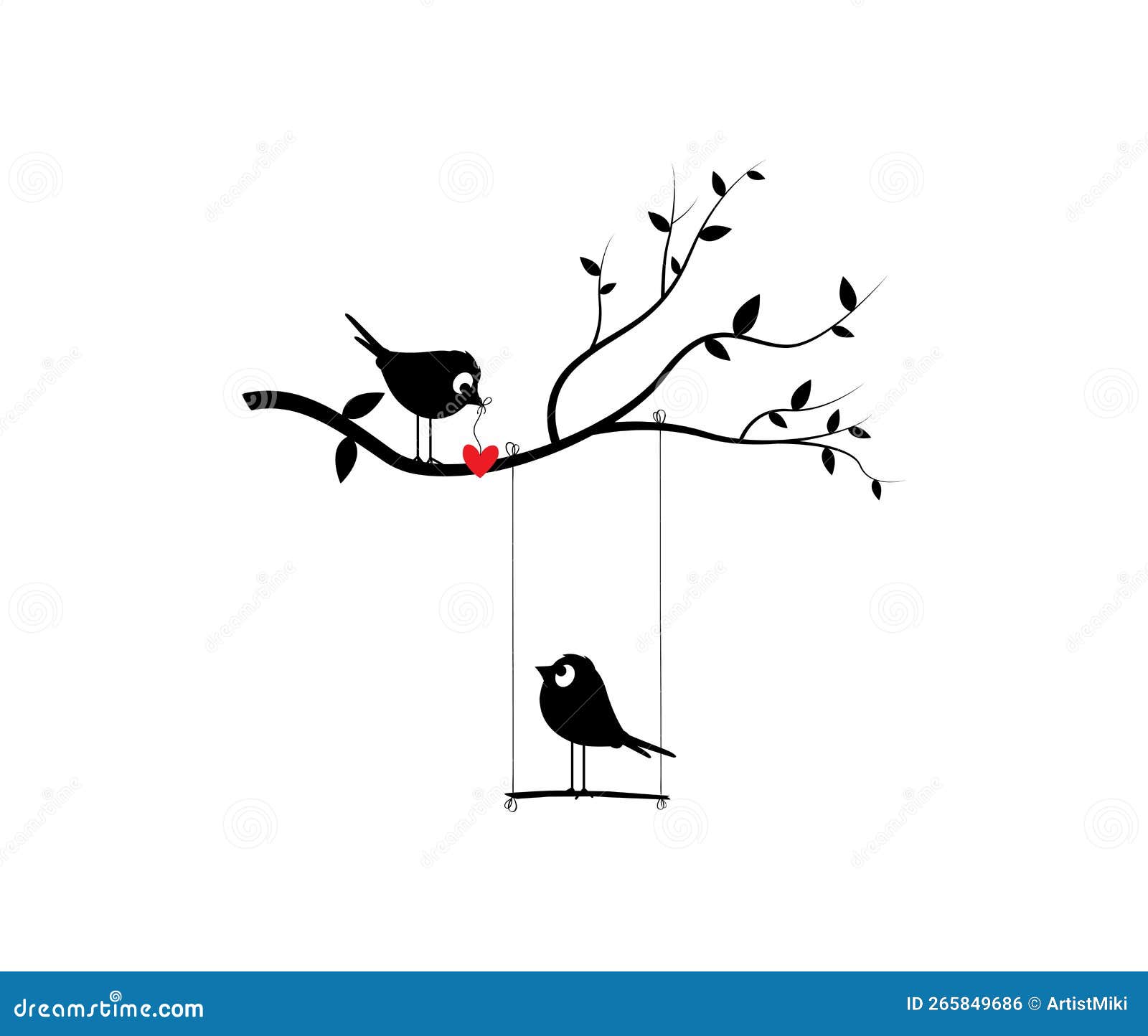 Birds Couple on Swing on Branch Holding Heart, Vector Stock Vector ...