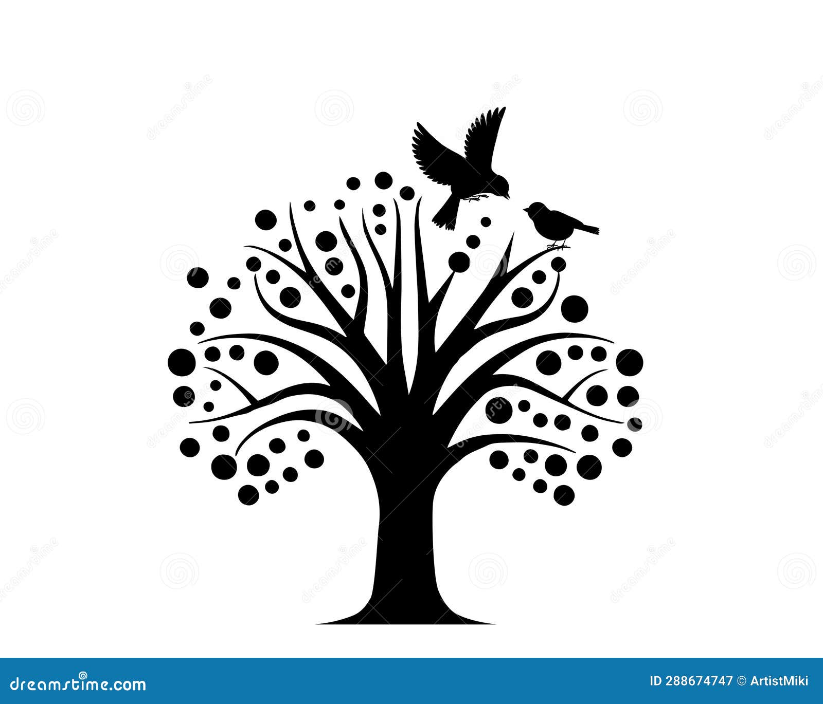 Tree Illustration and Birds Silhouette Isolated on White Background ...