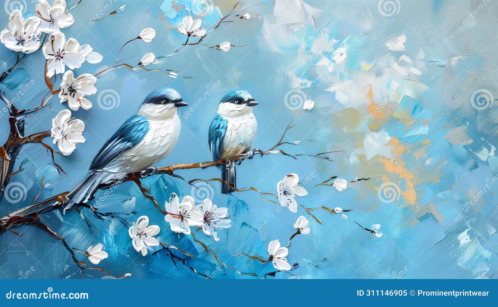 Two Birds on a Tree with White Flowers Stock Illustration ...