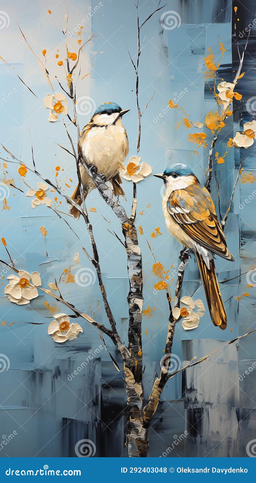 Two Birds on a Tree with White Flowers. Vertical Oil Painting, Blue ...