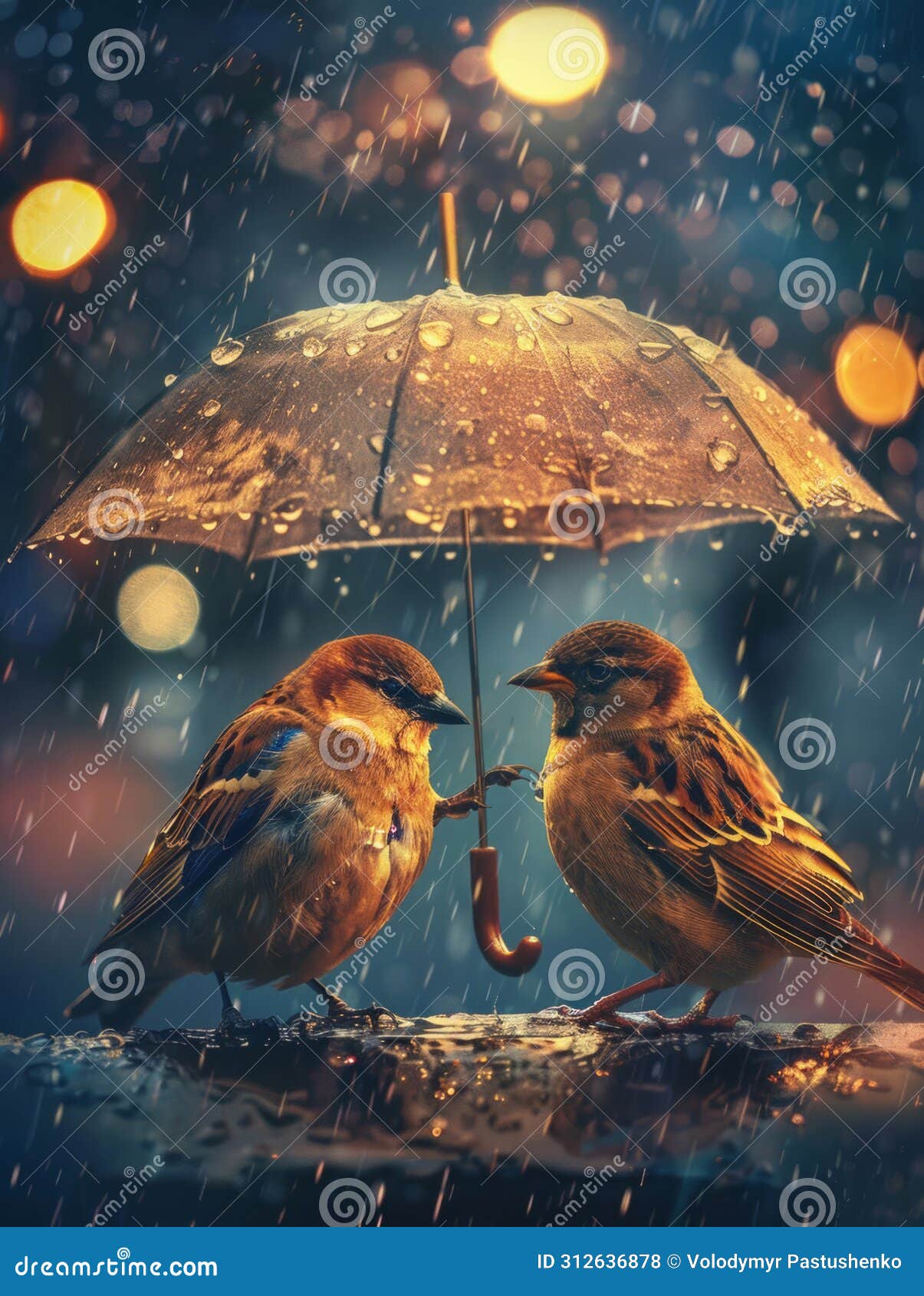 Two Birds Under an Umbrella in the Rain Stock Photo - Image of couple ...
